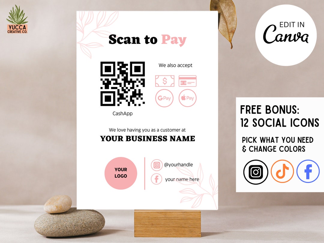Floral Scan to Pay Sign, Editable QR Code Sign, Scan to Pay Template ...