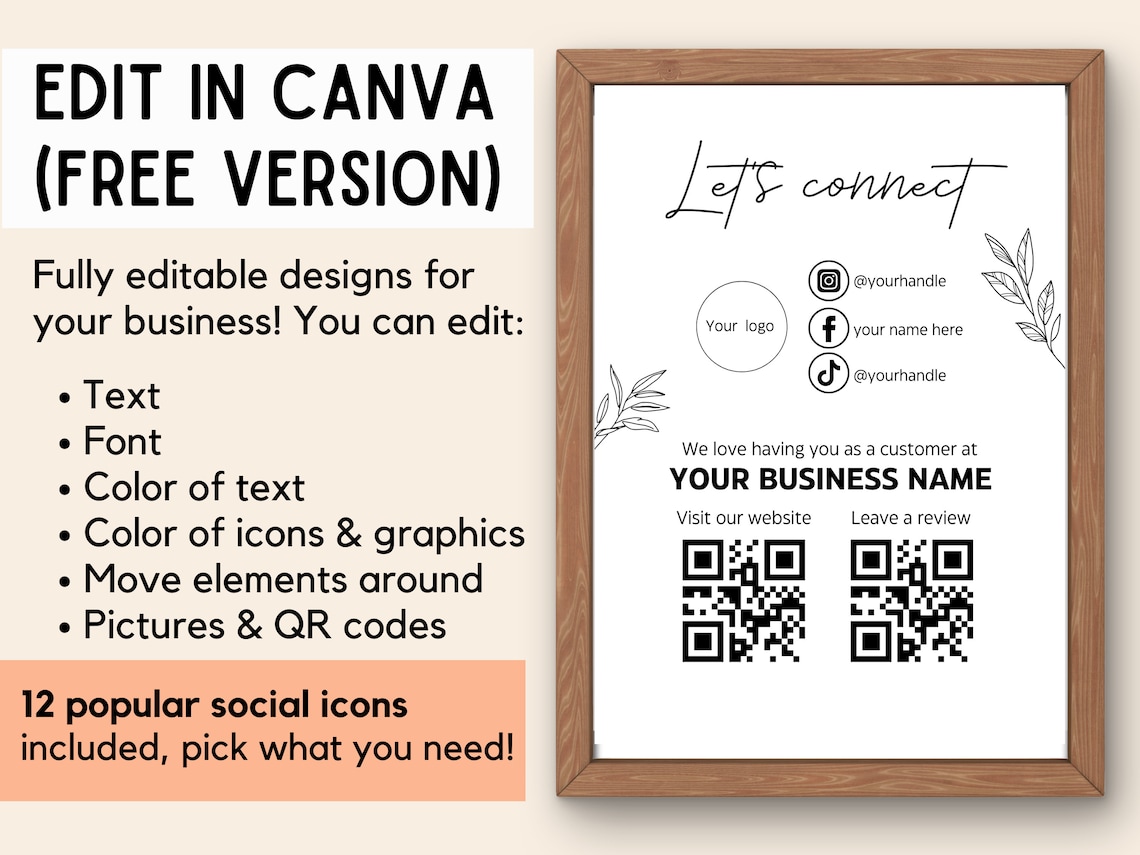 Lets Connect Sign, Social Media Sign Template, QR Code Sign, Editable ...