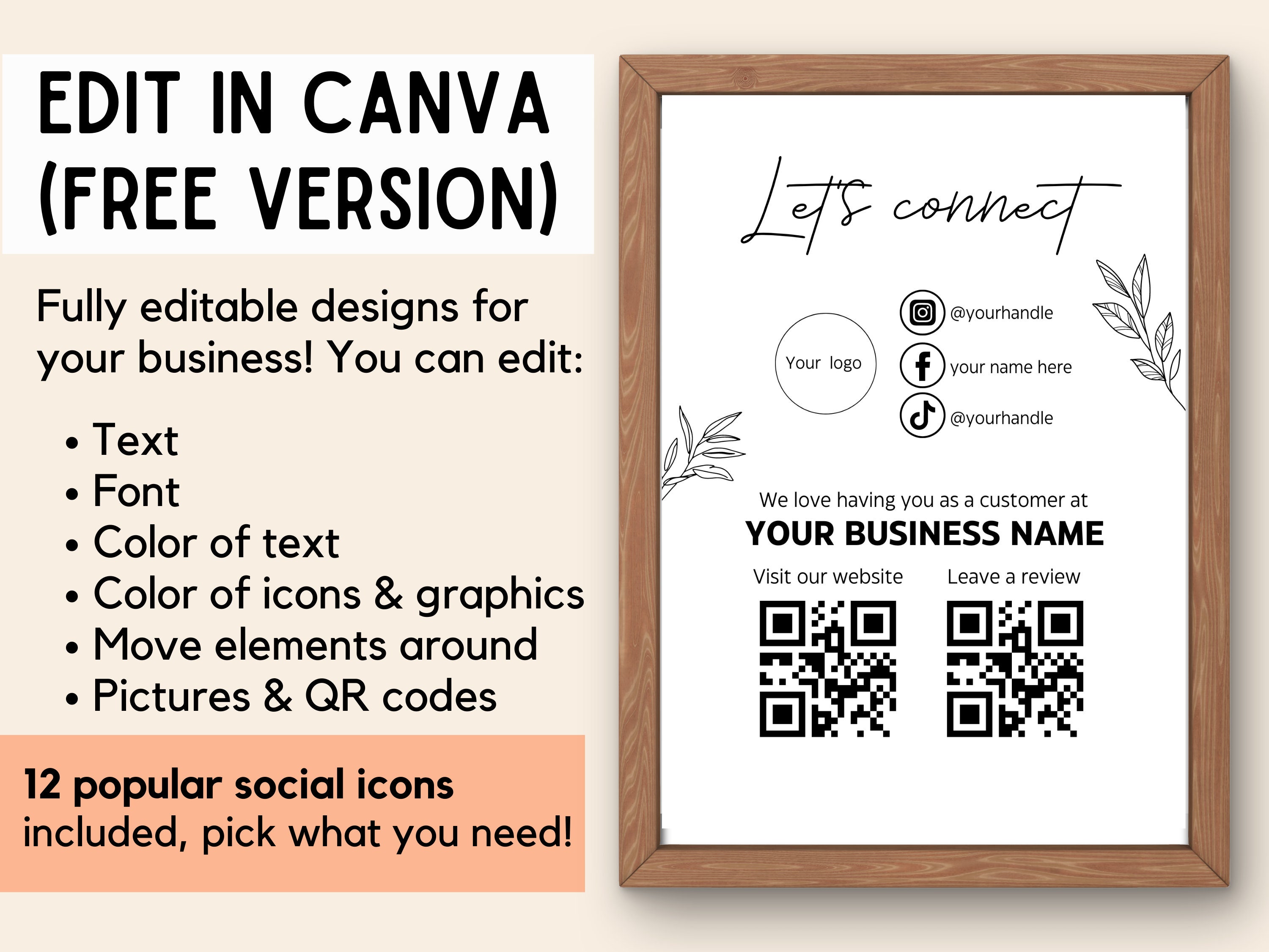 Lets Connect Sign, Social Media Sign Template, QR Code Sign, Editable ...