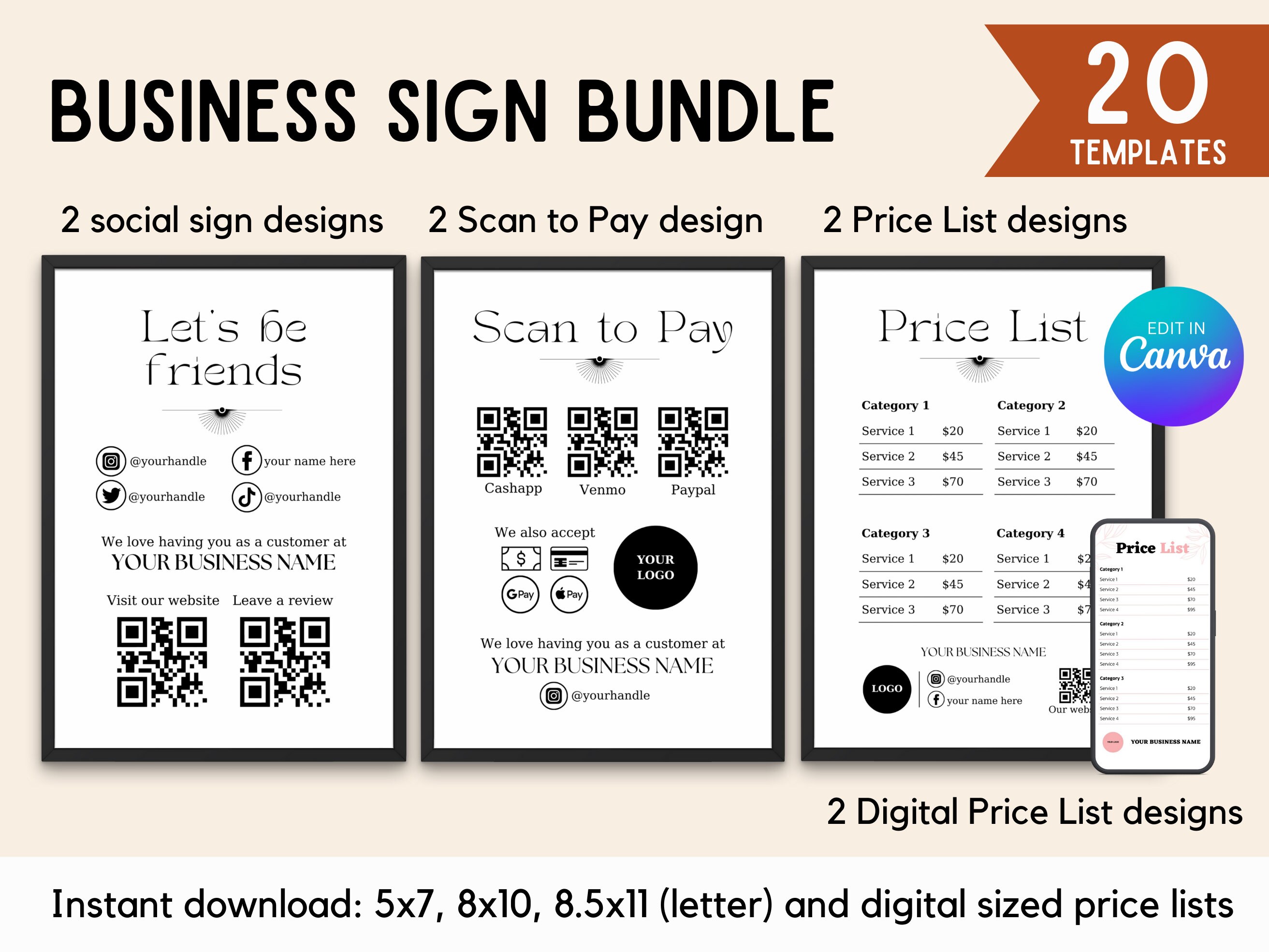 XL Elegant Business Sign Templates QR Code Sign Lets Be - Etsy