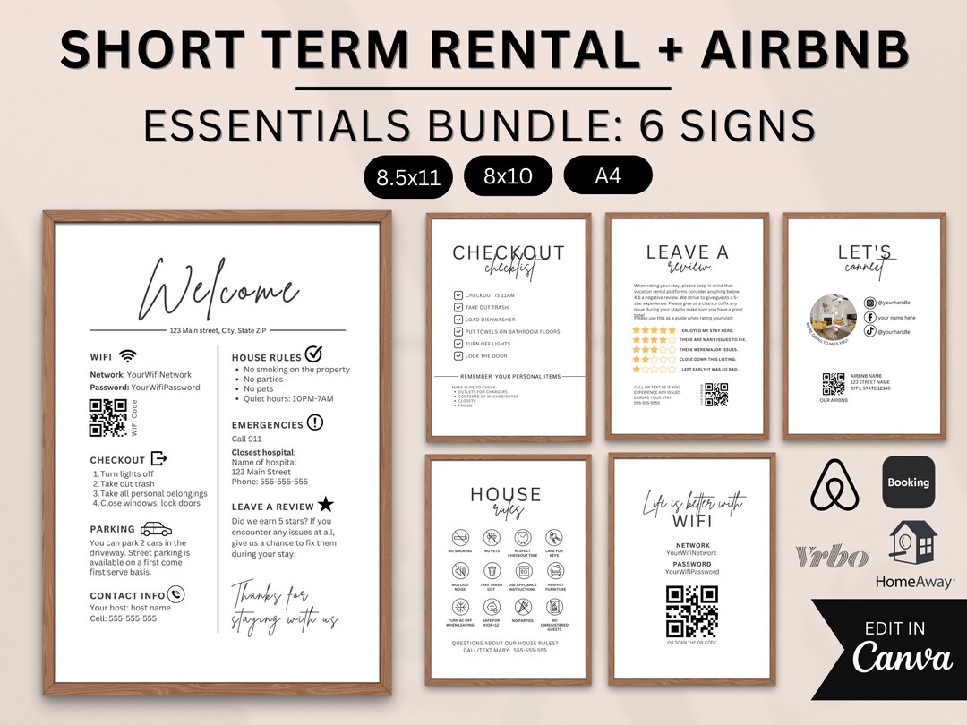 Airbnb Sign Bundle Template, Airbnb Signage, Vacation Rental, Wifi Sign ...