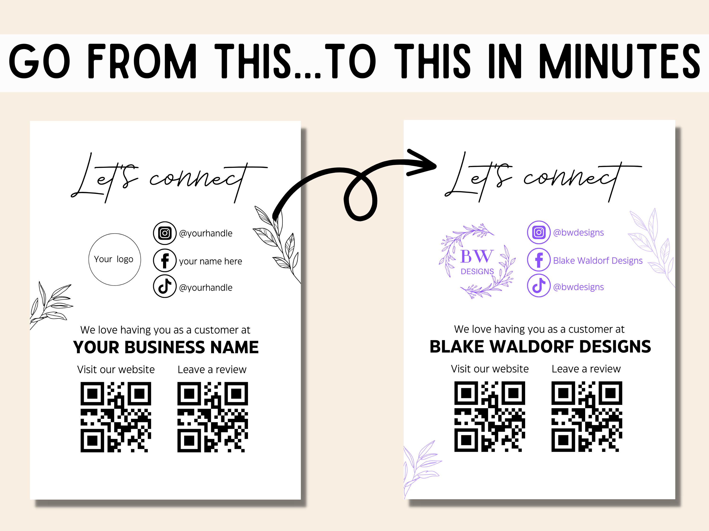 Lets Connect Sign, Social Media Sign Template, QR Code Sign, Editable ...
