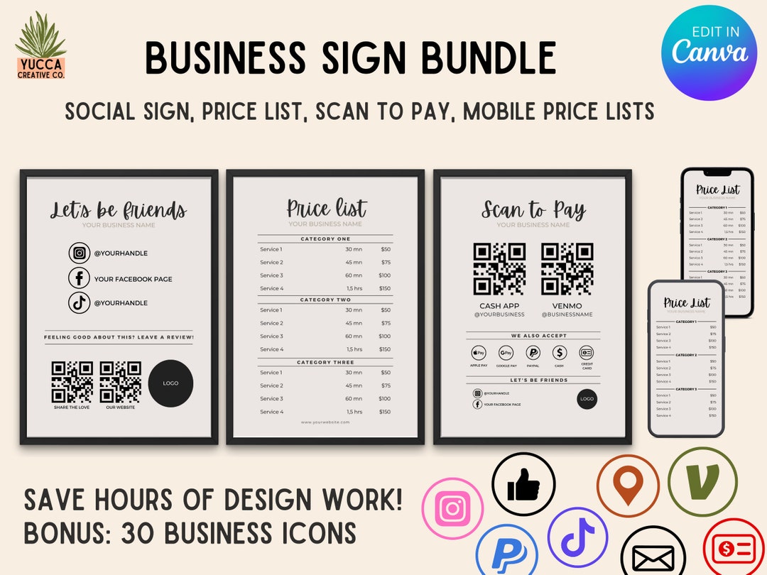 Business Sign Templates Bundle, Social Media Sign Printable, QR Code ...