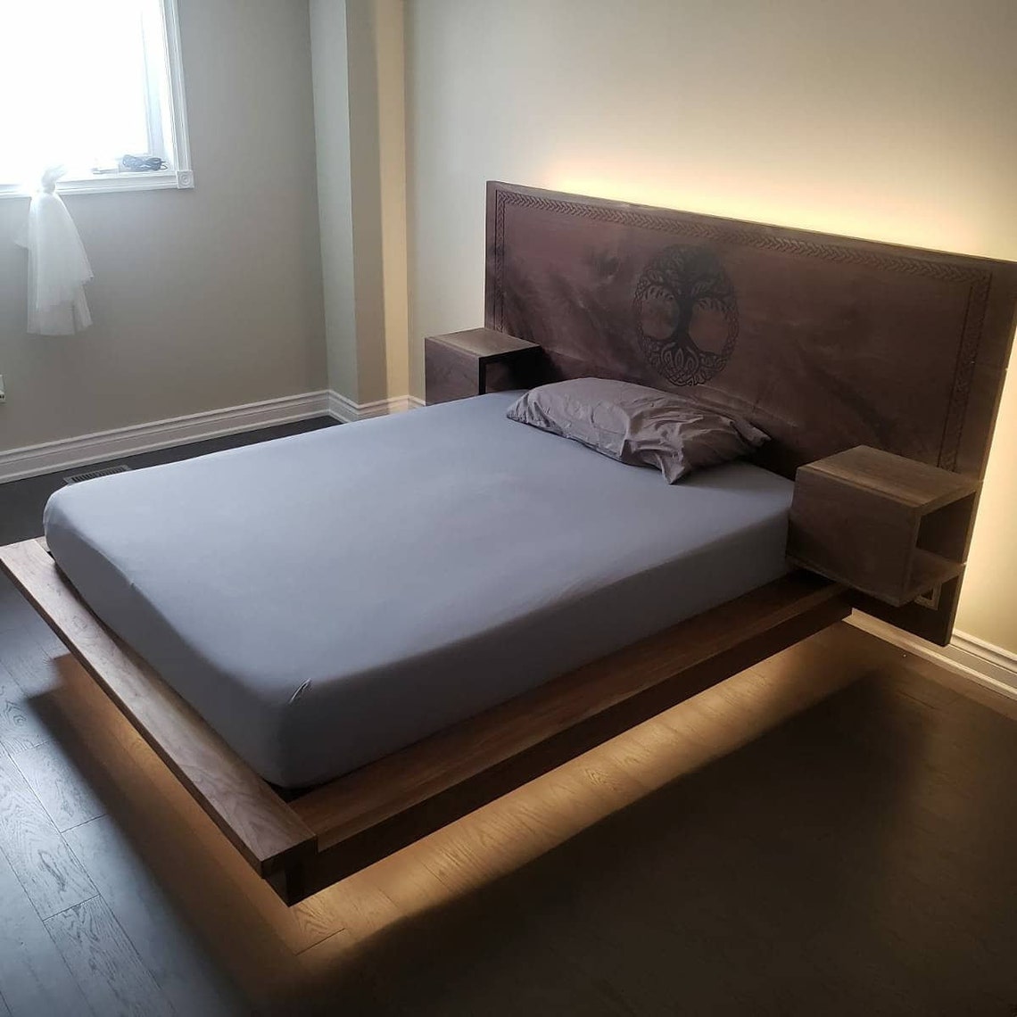 Floating Queen Custom Walnut Bed With Side Shelves, LED Accents and a ...