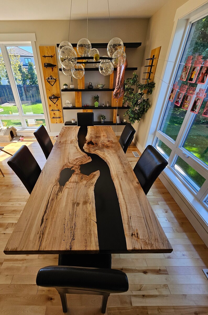84" Spalted Maple Dining Table With Black Resin & Standard U Shape ...