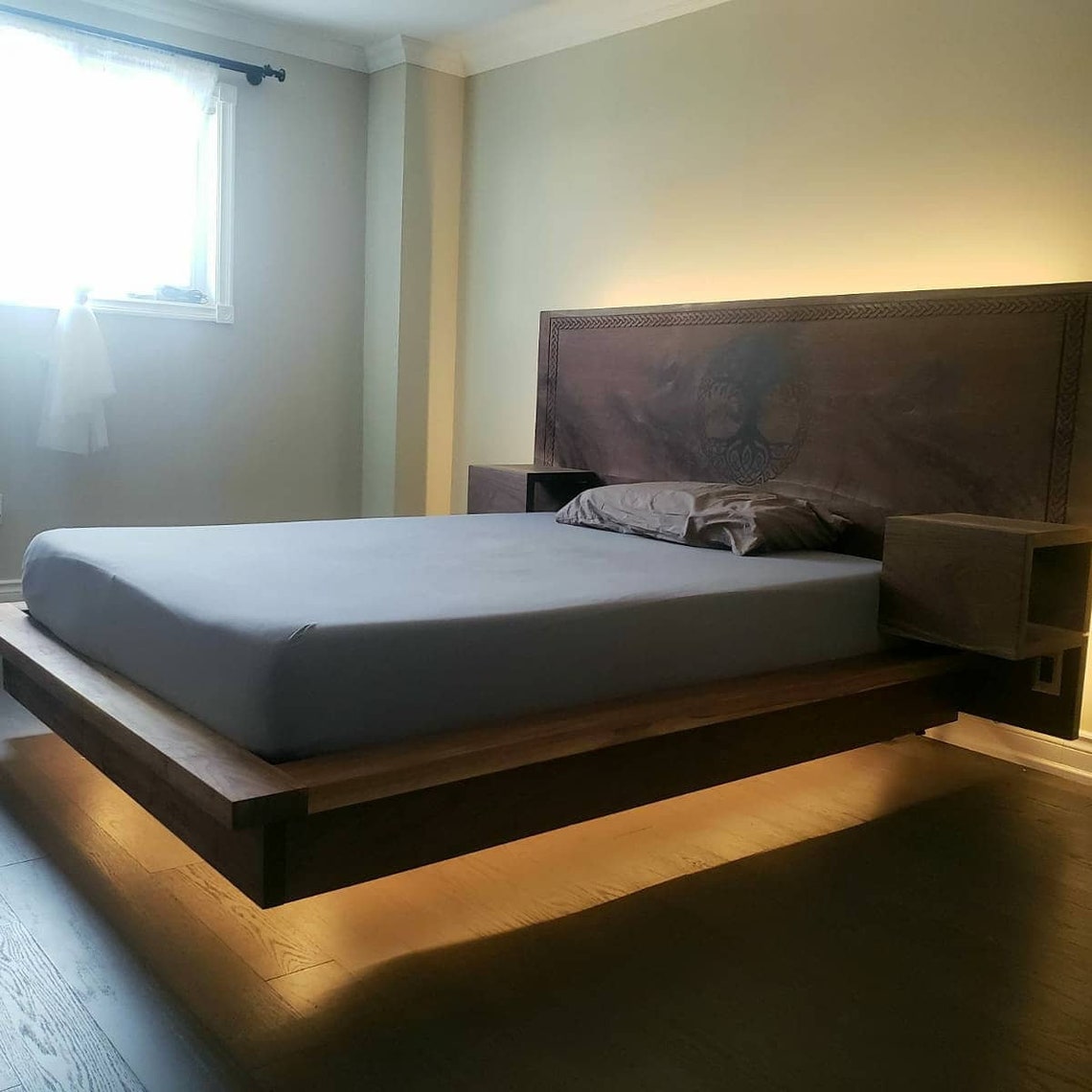 Floating Queen Custom Walnut Bed With Side Shelves, LED Accents and a ...