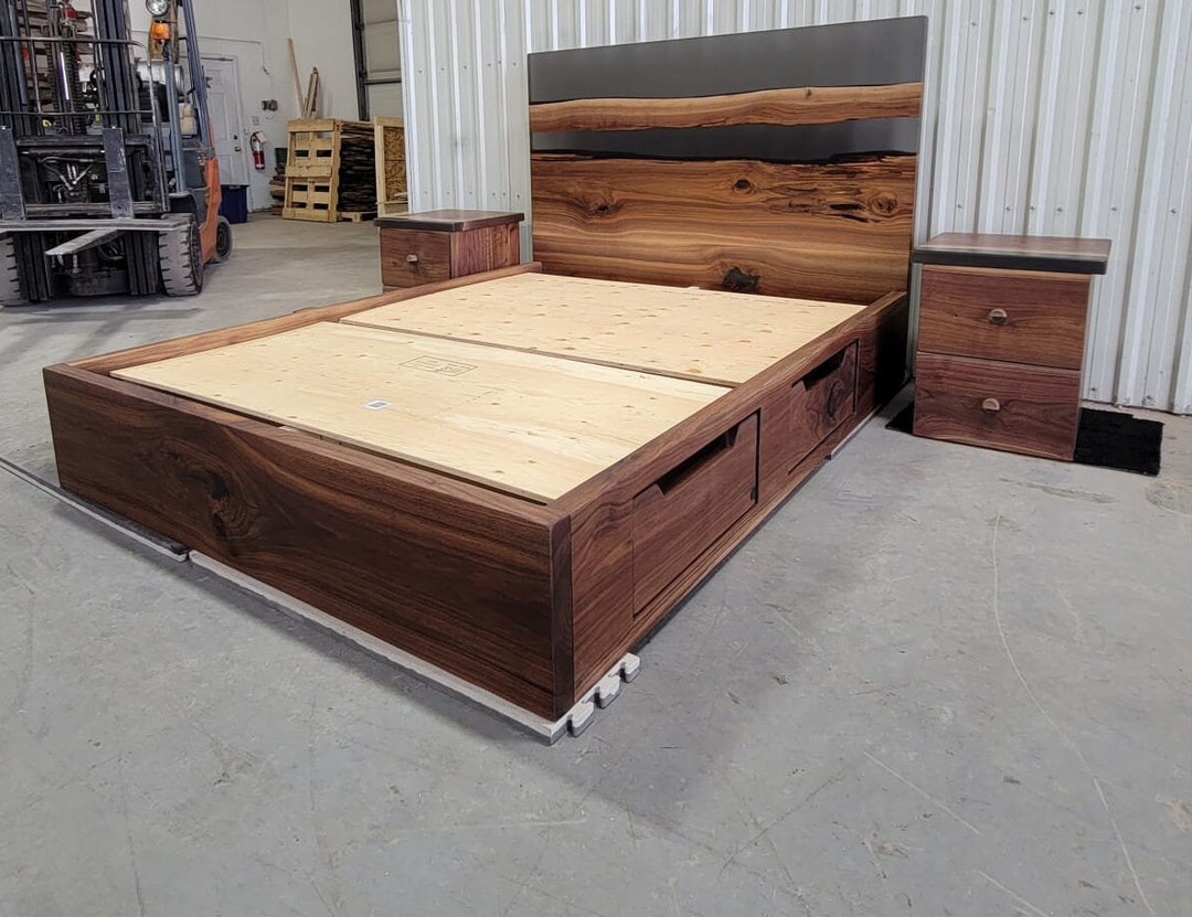 Queen Bed in Solid Walnut With Epoxy Headboard & Matching Night Tables ...