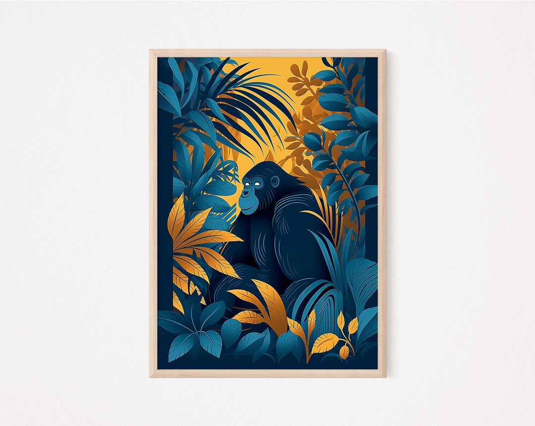Dschungel, Gorilla, Poster, Tropisch, Wandkunst, Indigo Blau, Honig ...
