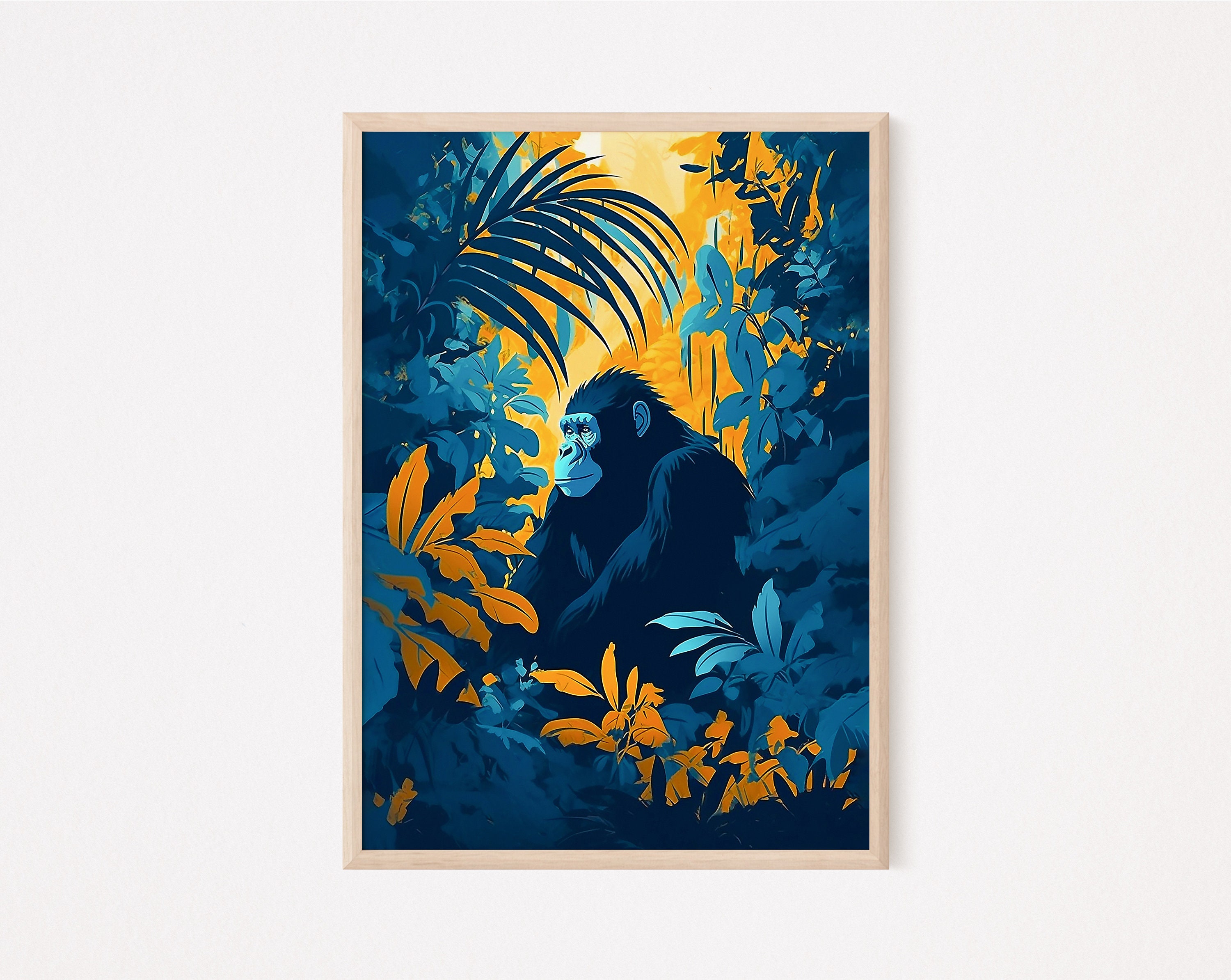 Dschungel, Gorilla, Poster, Tropisch, Wandkunst, Indigo Blau, Honig ...