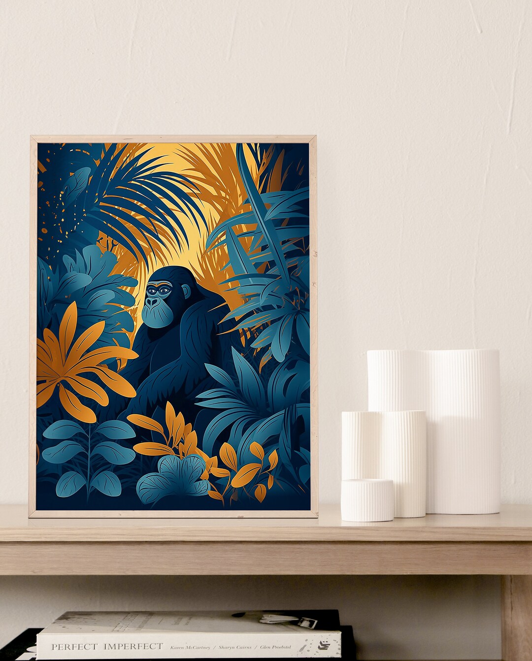 Dschungel, Gorilla, Poster, Tropisch, Wandkunst, Indigo Blau, Honig ...