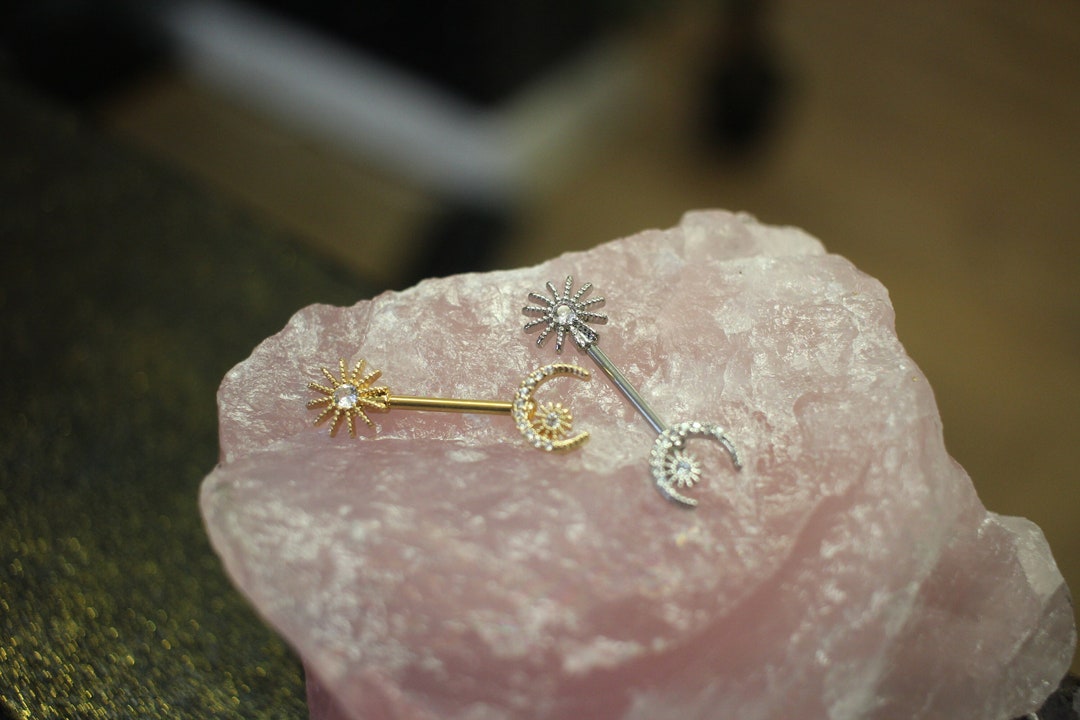 ASTRID • 14mm X 1.6mm • Sun and Moon Nipple Bar • Cubic Zirconia Paved ...