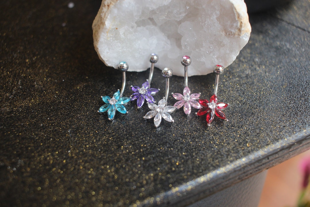 FLEUR Large Crystal Flower Belly Piercing Bar 316L Surgical Steel Cubic ...