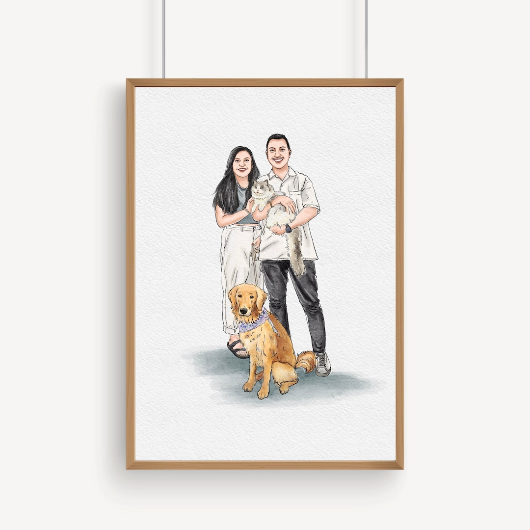 Personalised Couple Portrait With Pet, Watercolor Portrait With Pet ...