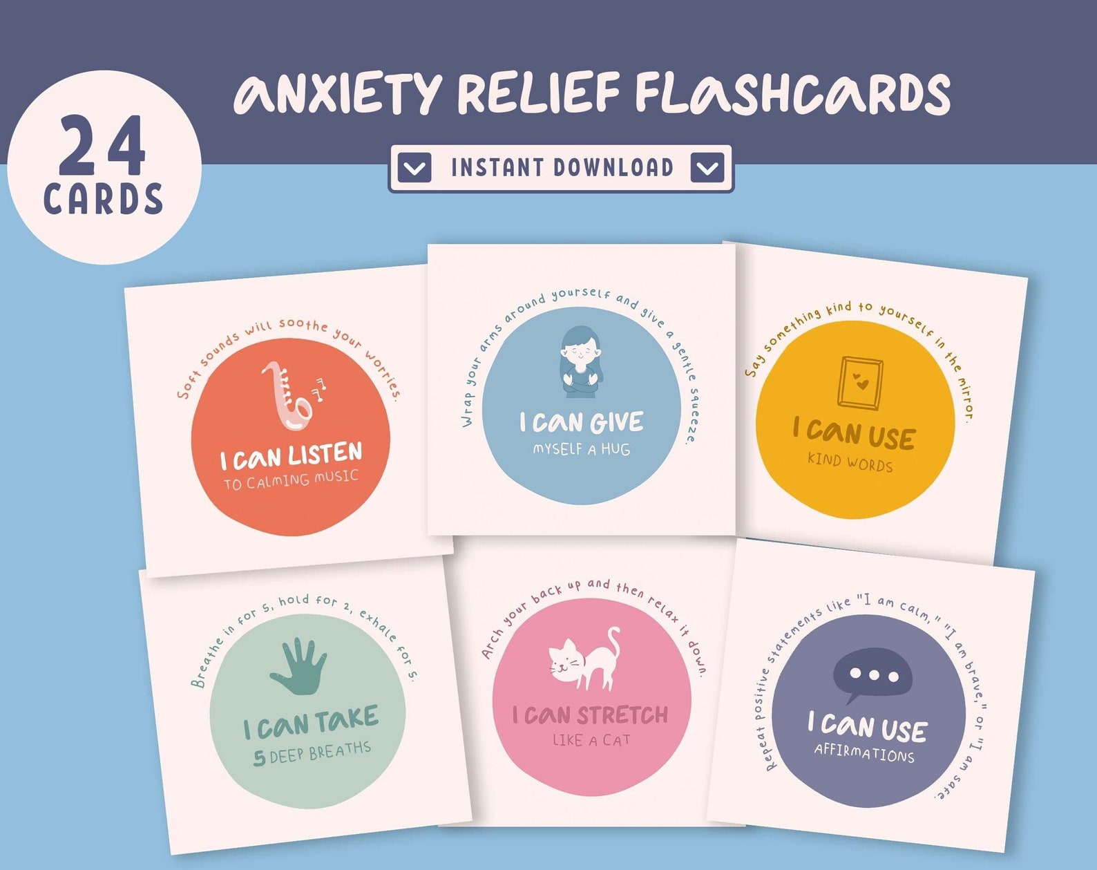 24 Anxiety Relief Flashcards for Kids, Mindfulness Cards, Mental Health ...