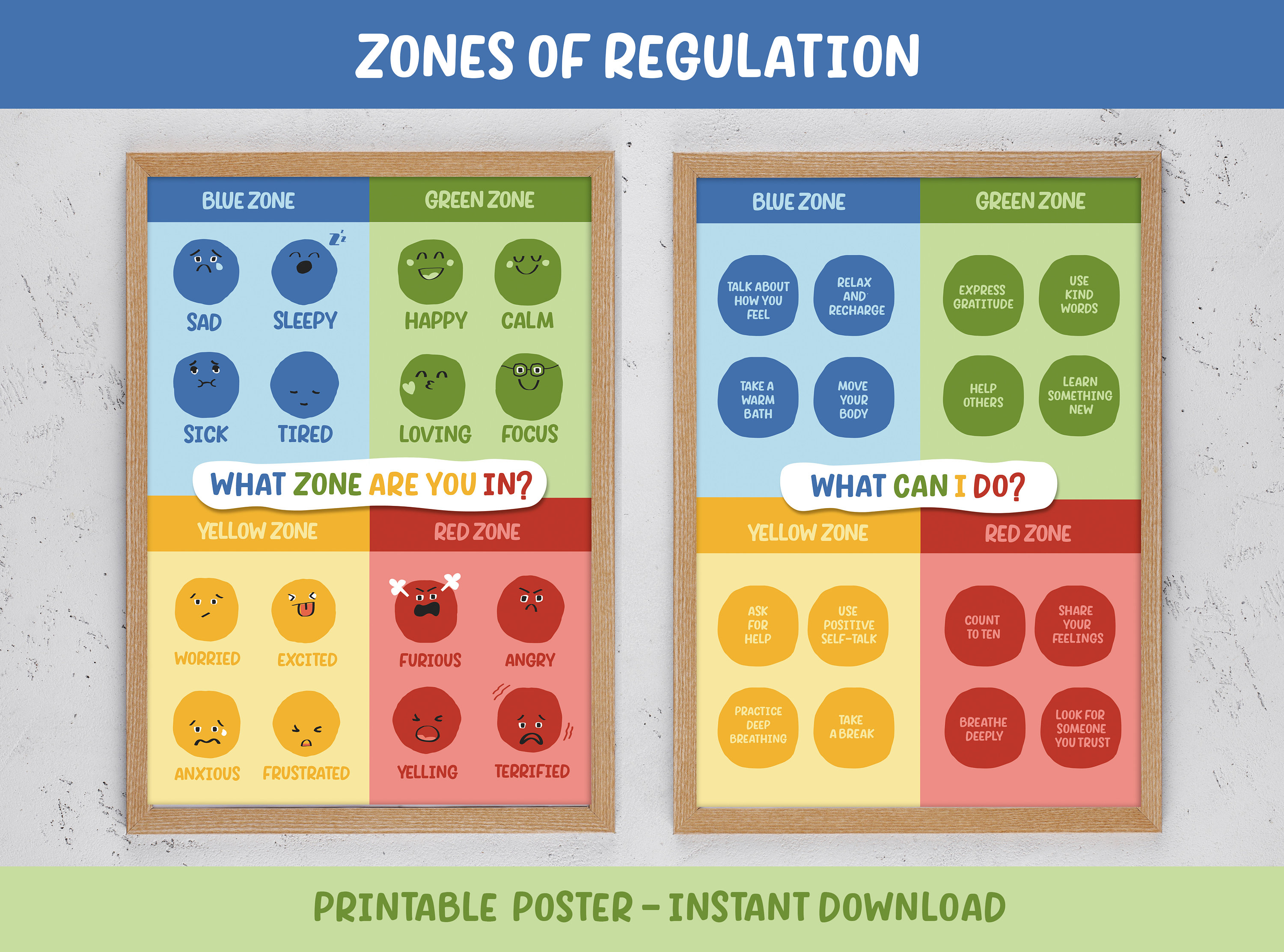 Zones of Regulation Printable Poster, Self Regulation Feelings Chart ...