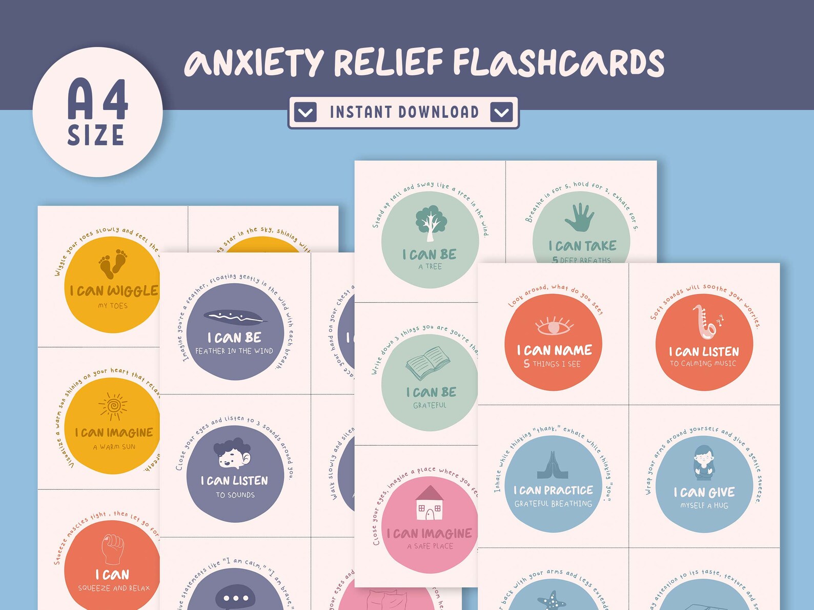 24 Anxiety Relief Flashcards for Kids, Mindfulness Cards, Mental Health ...