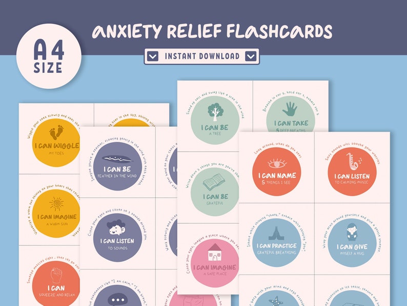 24 Anxiety Relief Flashcards for Kids, Mindfulness Cards, Mental Health ...
