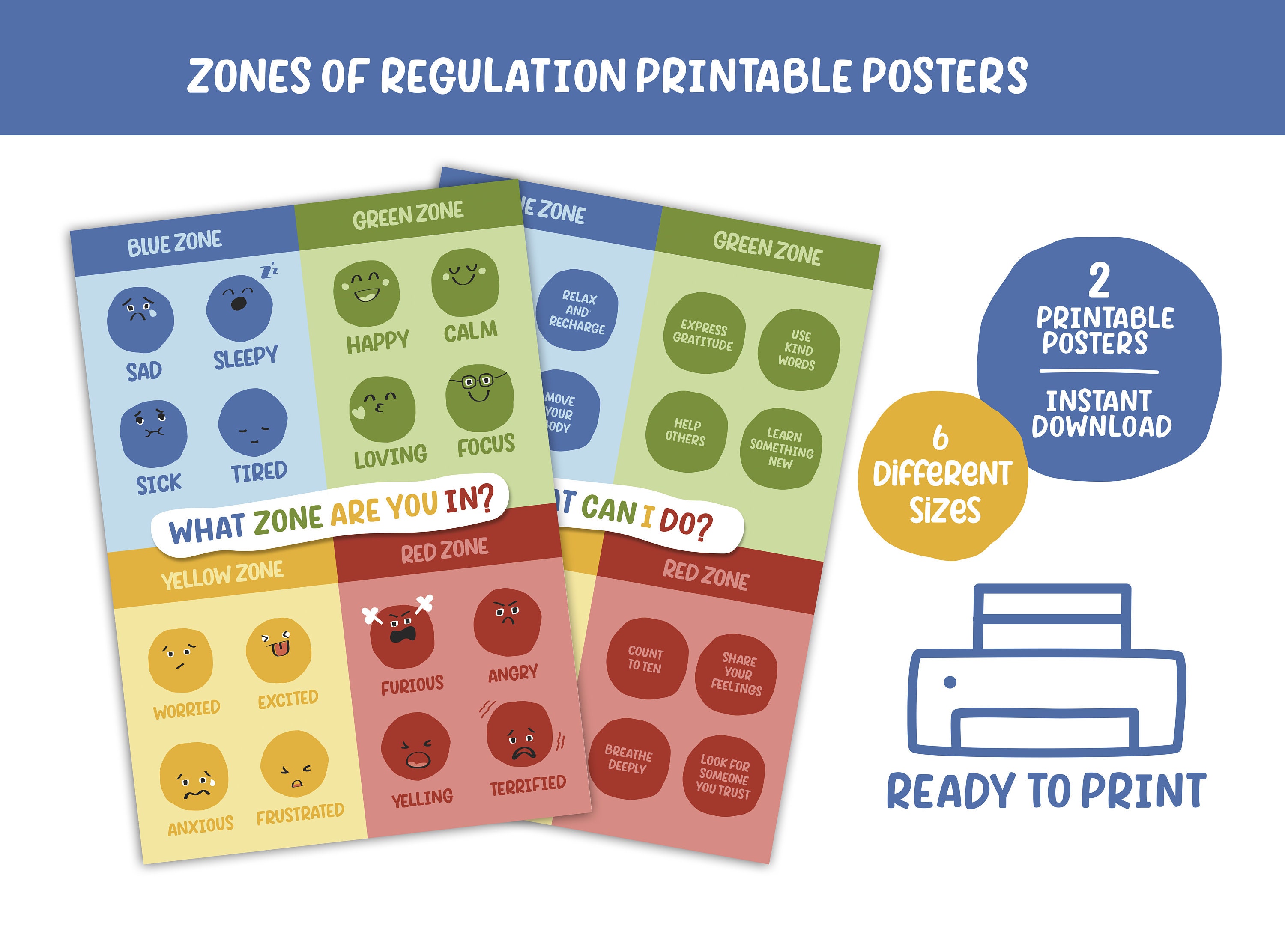 Zones of Regulation Printable Poster, Self Regulation Feelings Chart ...