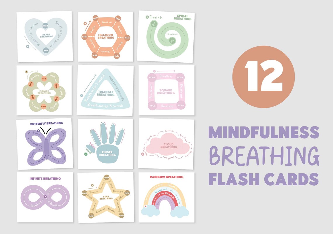Mindfulness Breathing Flashcards for Kids, Anxiety Relief, Calm Down ...