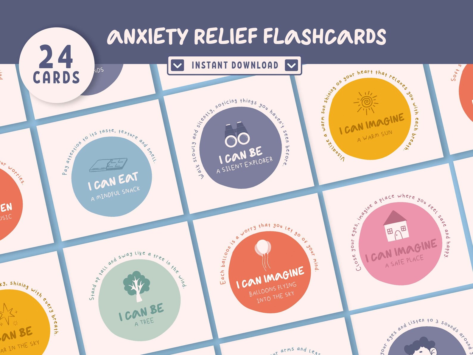 24 Anxiety Relief Flashcards for Kids, Mindfulness Cards, Mental Health ...