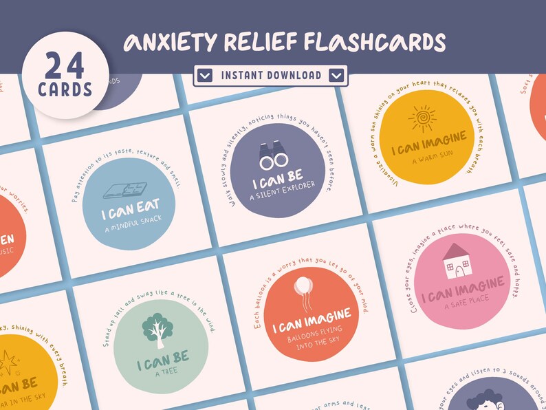 24 Anxiety Relief Flashcards for Kids, Mindfulness Cards, Mental Health ...