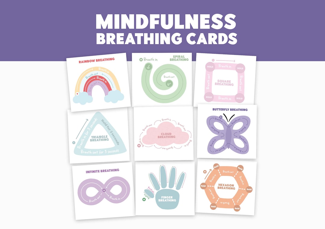 Mindfulness Breathing Flashcards for Kids, Anxiety Relief, Calm Down ...