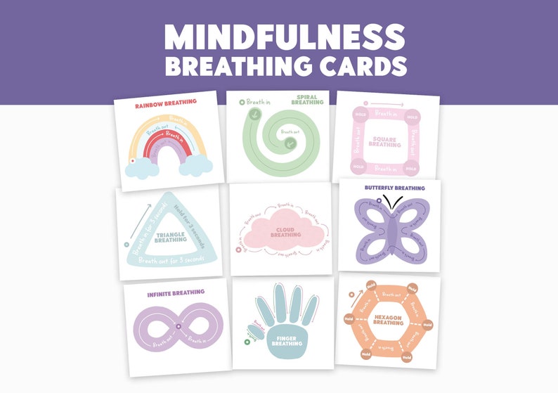 Mindfulness Breathing Flashcards for Kids, Anxiety Relief, Calm Down ...