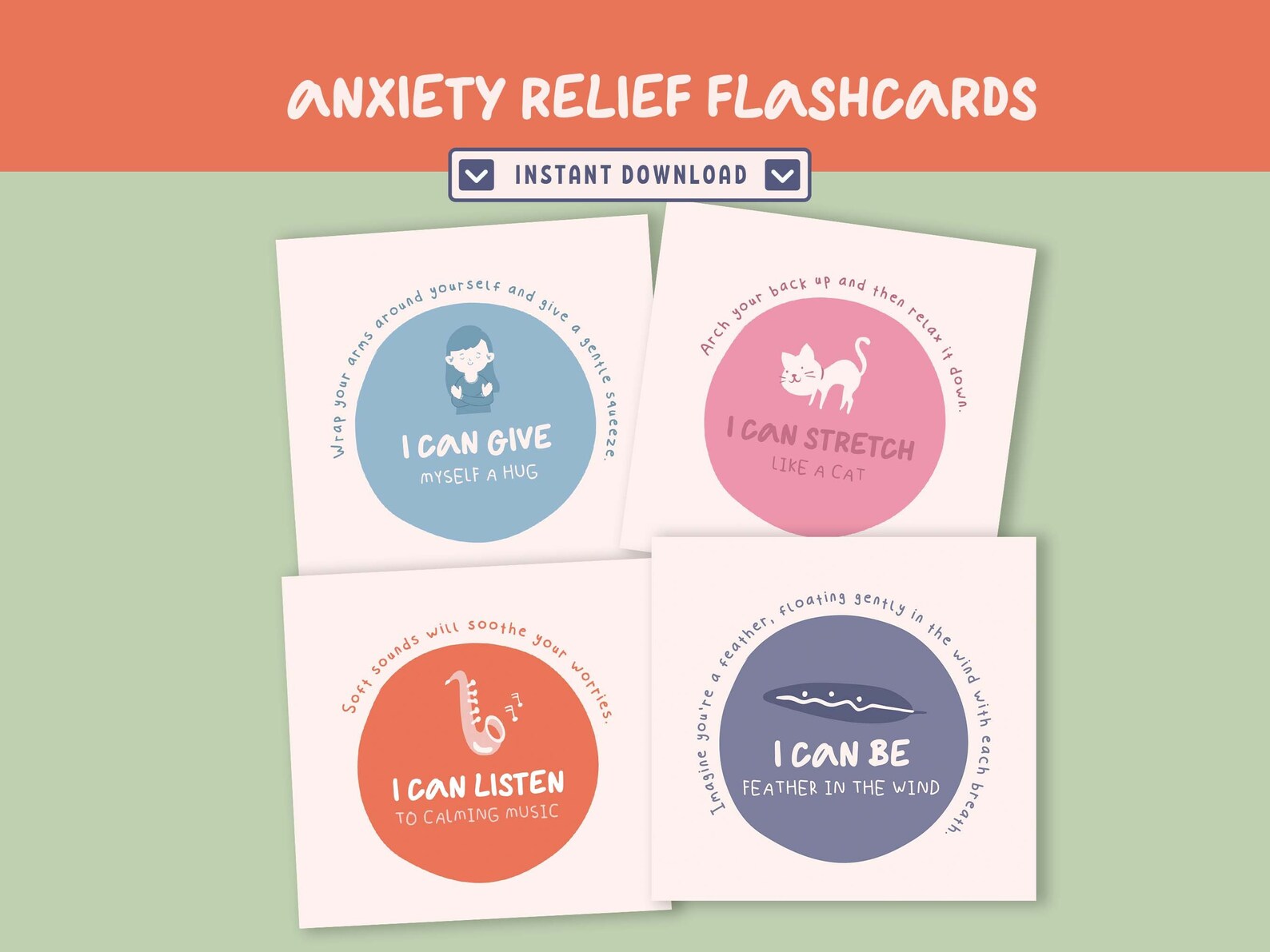 24 Anxiety Relief Flashcards for Kids, Mindfulness Cards, Mental Health ...
