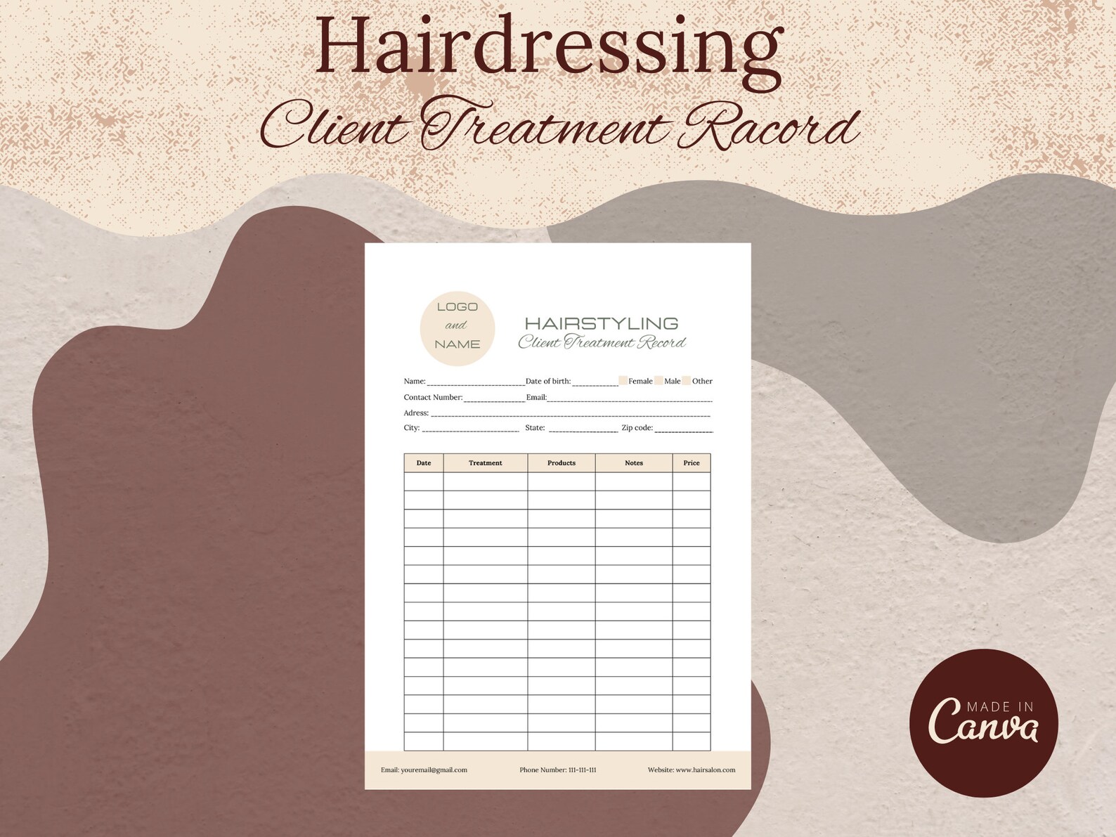 Hairdresser Client Record Form, Client Record Form, Client Form, for ...