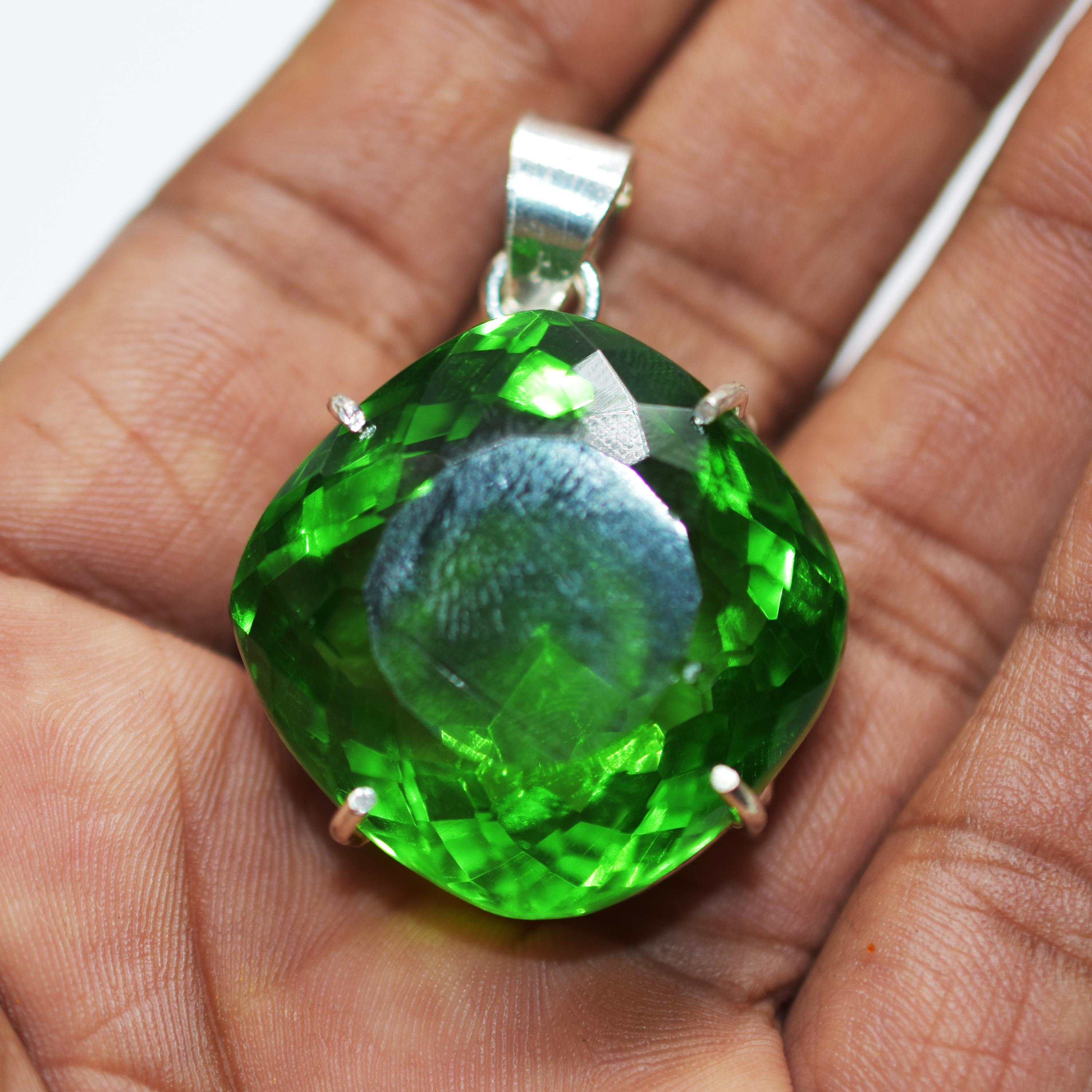 Natural Green Topaz Pendant | Cushion Cut 58.99 Ct | 925 Sterling ...