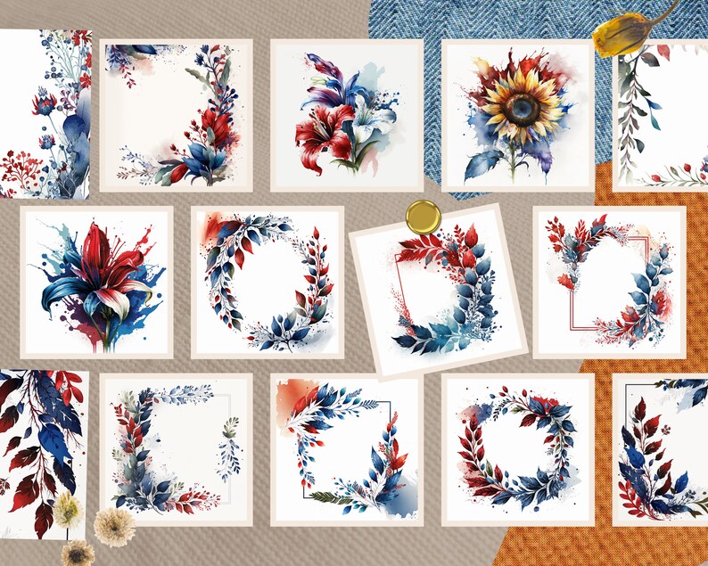 48 Patriotic Floral With Border Frames Red White & Blue - Etsy