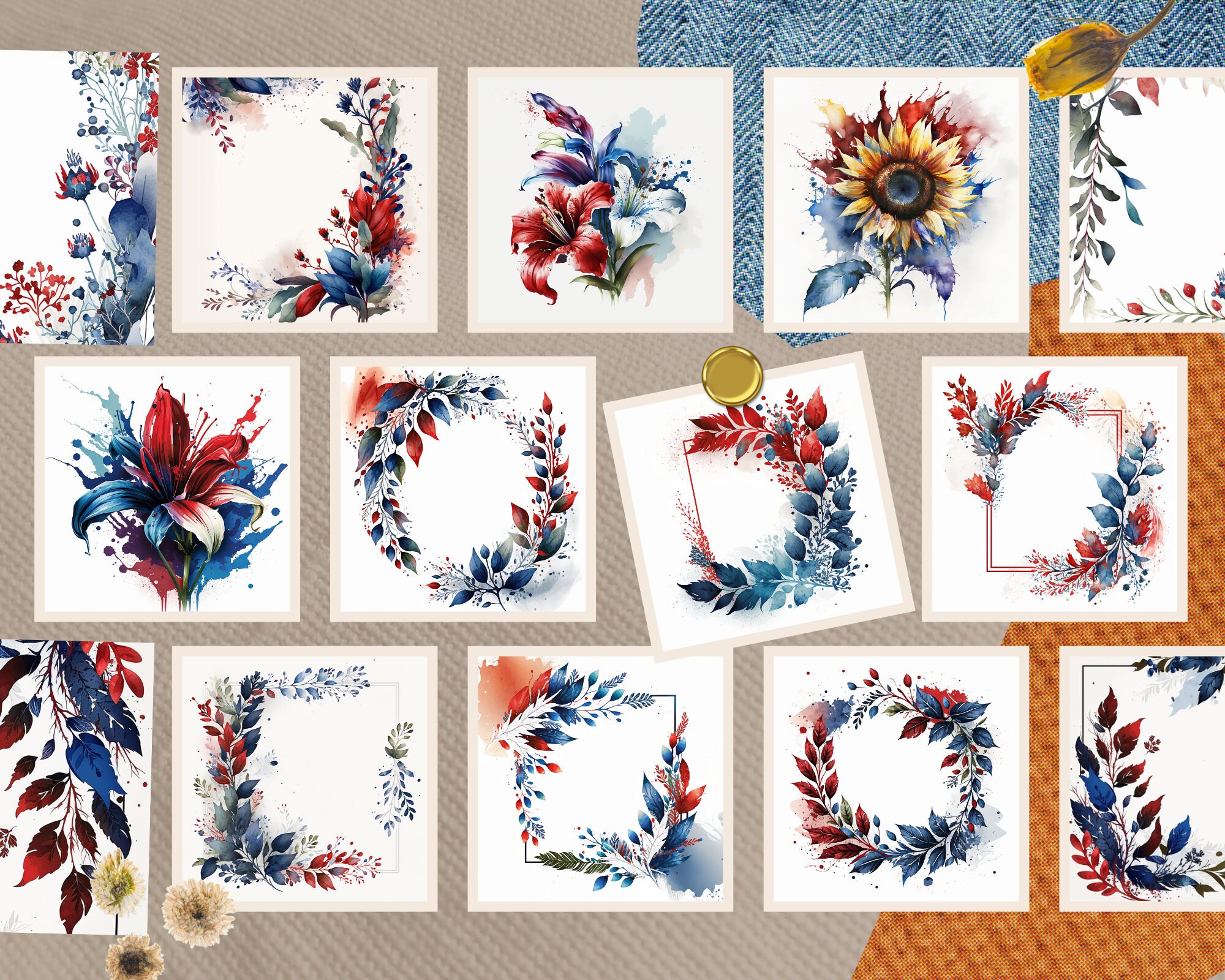48 Patriotic Floral With Border Frames, Red White & Blue Watercolor ...