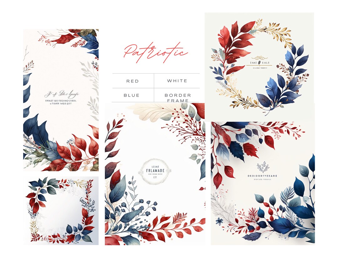 48 Patriotic Floral With Border Frames, Red White & Blue Watercolor ...