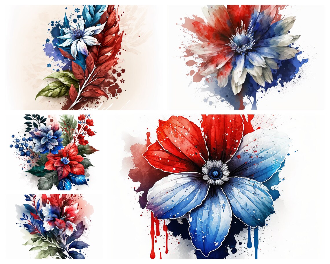 48 Patriotic Floral With Border Frames, Red White & Blue Watercolor ...