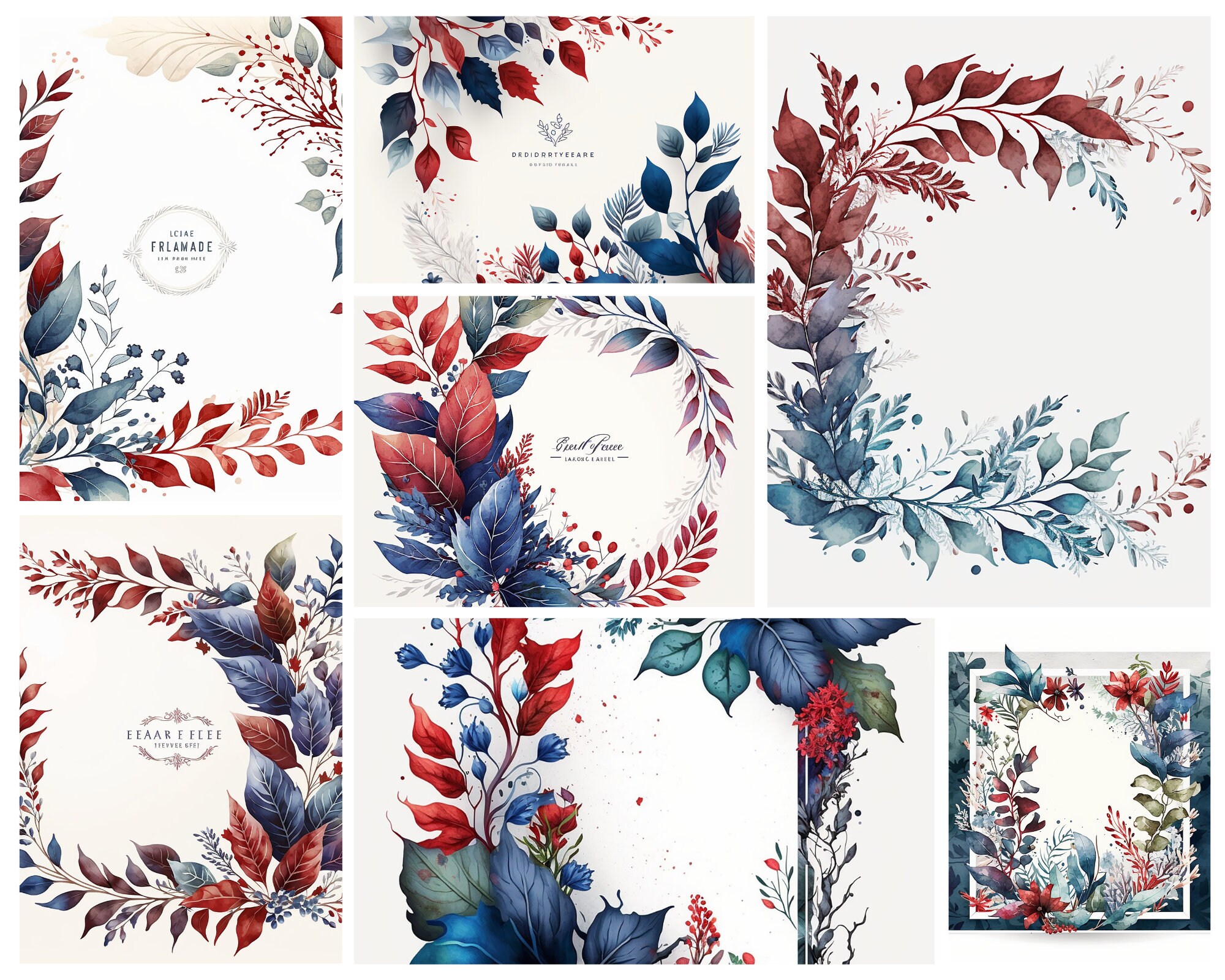 48 Patriotic Floral With Border Frames, Red White & Blue Watercolor ...