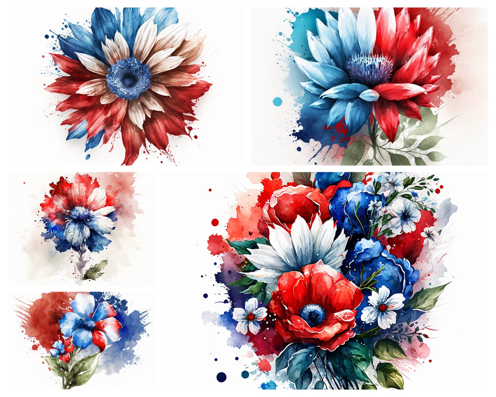 48 Patriotic Floral With Border Frames, Red White & Blue Watercolor ...