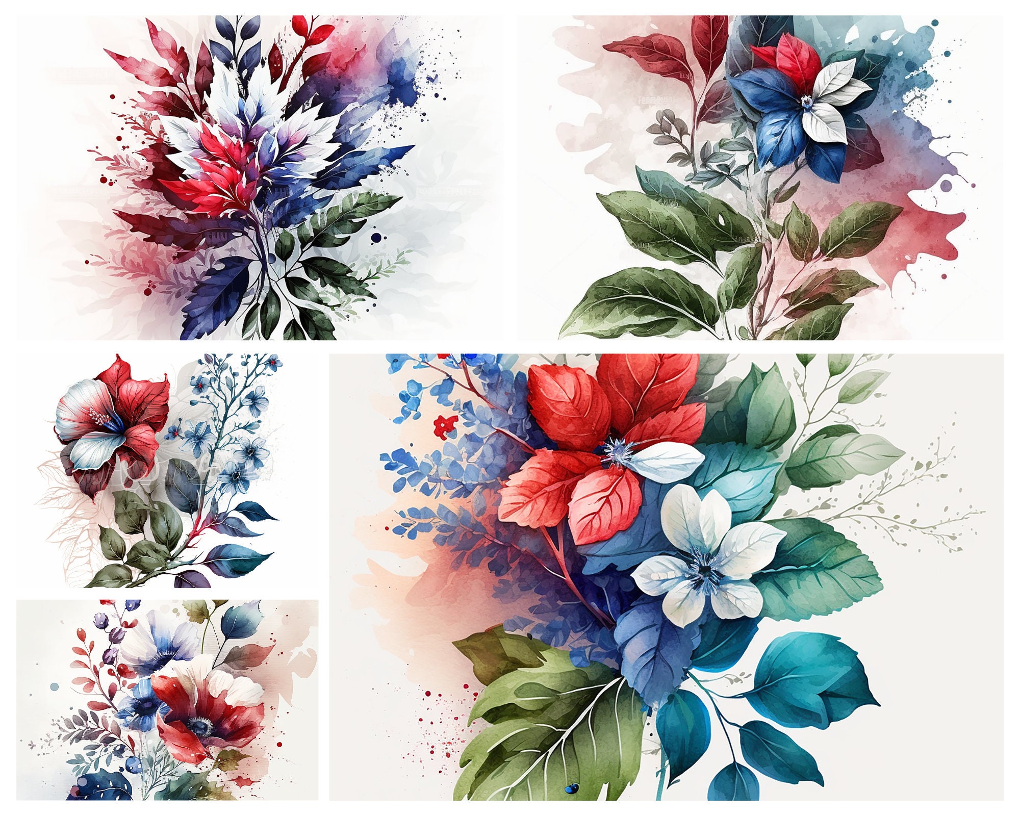 48 Patriotic Floral With Border Frames, Red White & Blue Watercolor ...