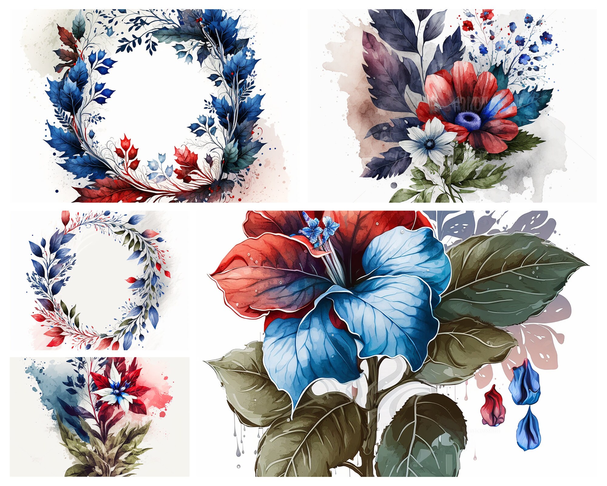 48 Patriotic Floral With Border Frames, Red White & Blue Watercolor ...