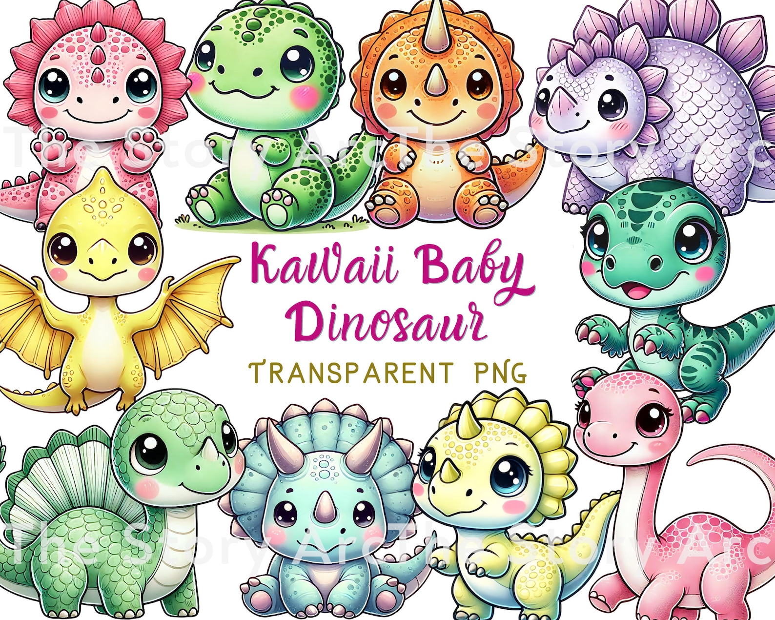 Kawaii Dinosaur Clipart, 12 Baby Dinosaur PNG, Little Dinos, Watercolor ...