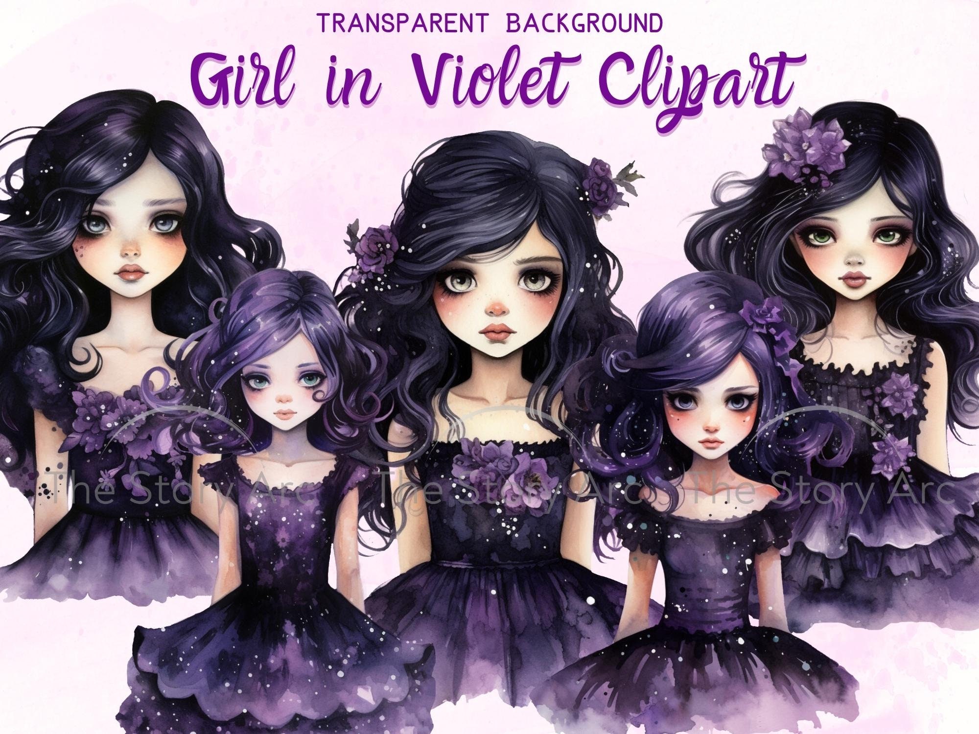 Girl in Violet Clipart, 11 Violet Girl PNG, Whimsical Girl Watercolor ...