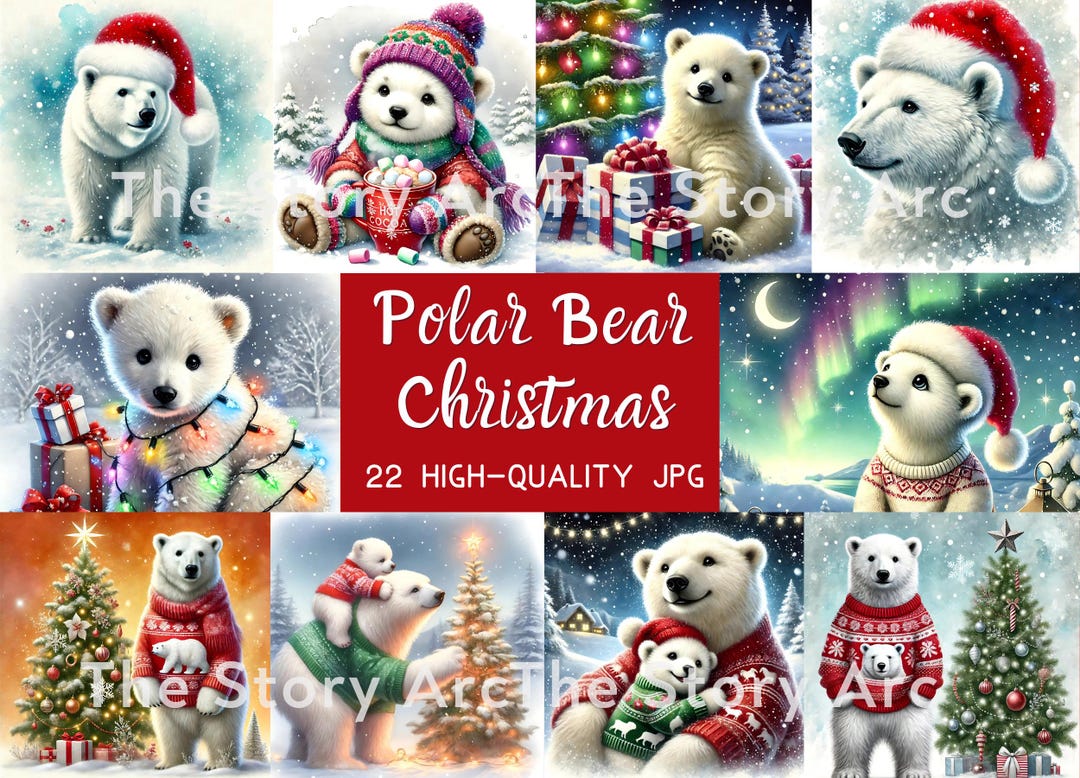 Polar Bear Christmas Clipart, Winter Polar Bear Insanta Hat, Digital ...
