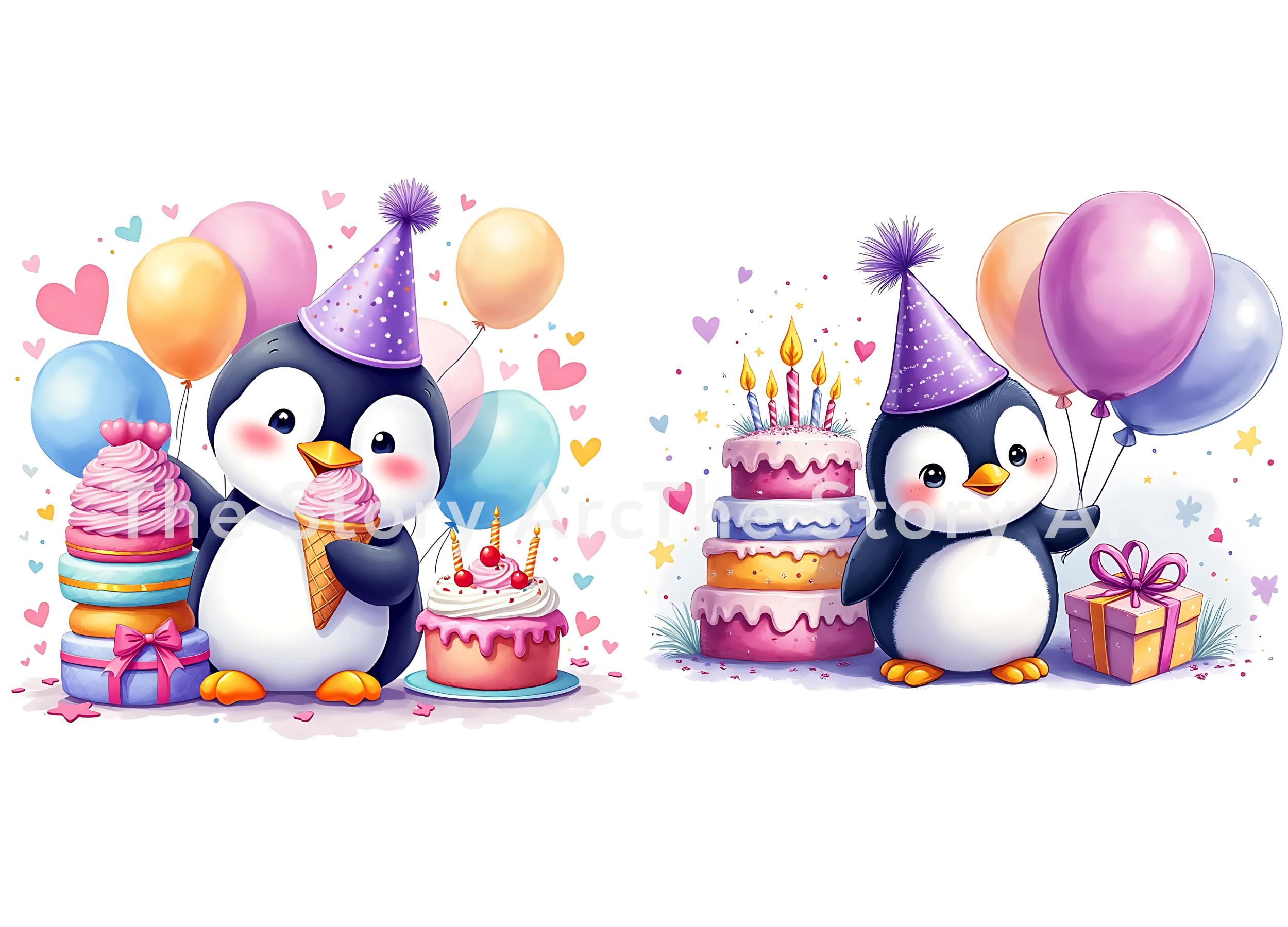 Penguin Birthday Party Clipart, 20 Penguin With Birthday Cake Balloons ...