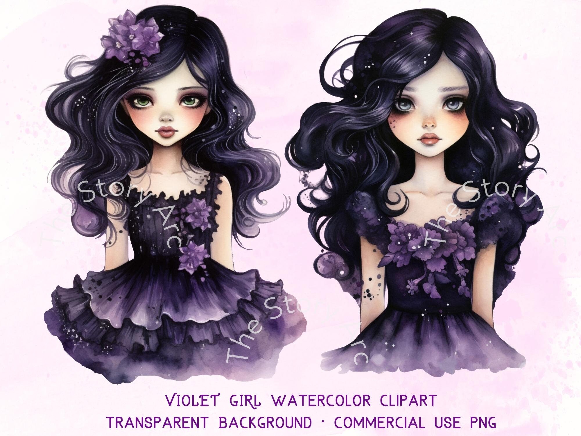 Girl in Violet Clipart, 11 Violet Girl PNG, Whimsical Girl Watercolor ...