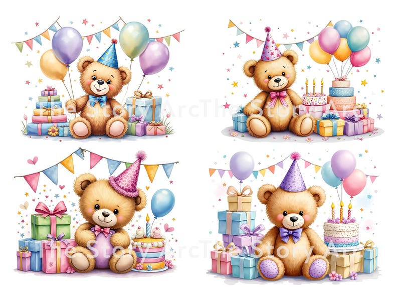 Teddy Bear Party Clipart, 20 Cute Bear With Cake Balloons Gifts, Bear ...