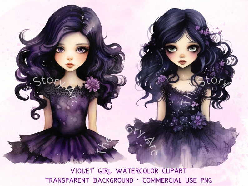 Girl in Violet Clipart, 11 Violet Girl PNG, Whimsical Girl Watercolor ...