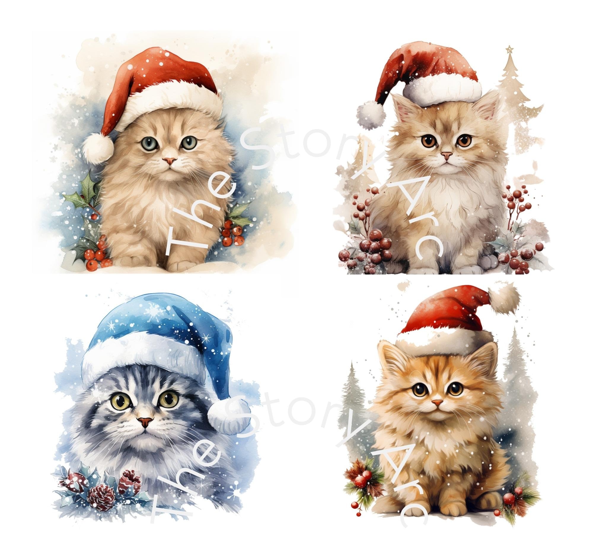 20 Cat Santa Hat Clipart, Watercolor Christmas Clipart, Cat JPG, Cute ...
