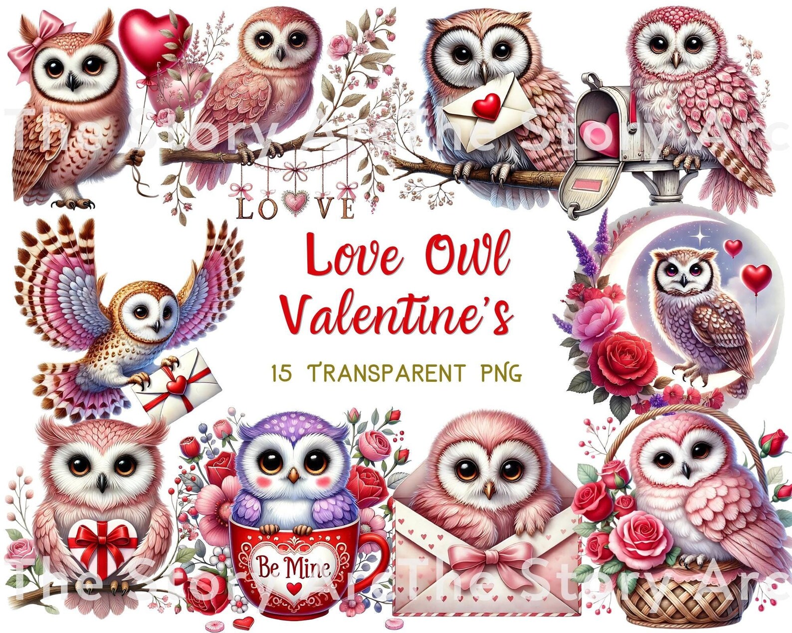 Valentine Owl Clipart, Watercolor Romantic Owl, Balloons, Love Letters ...