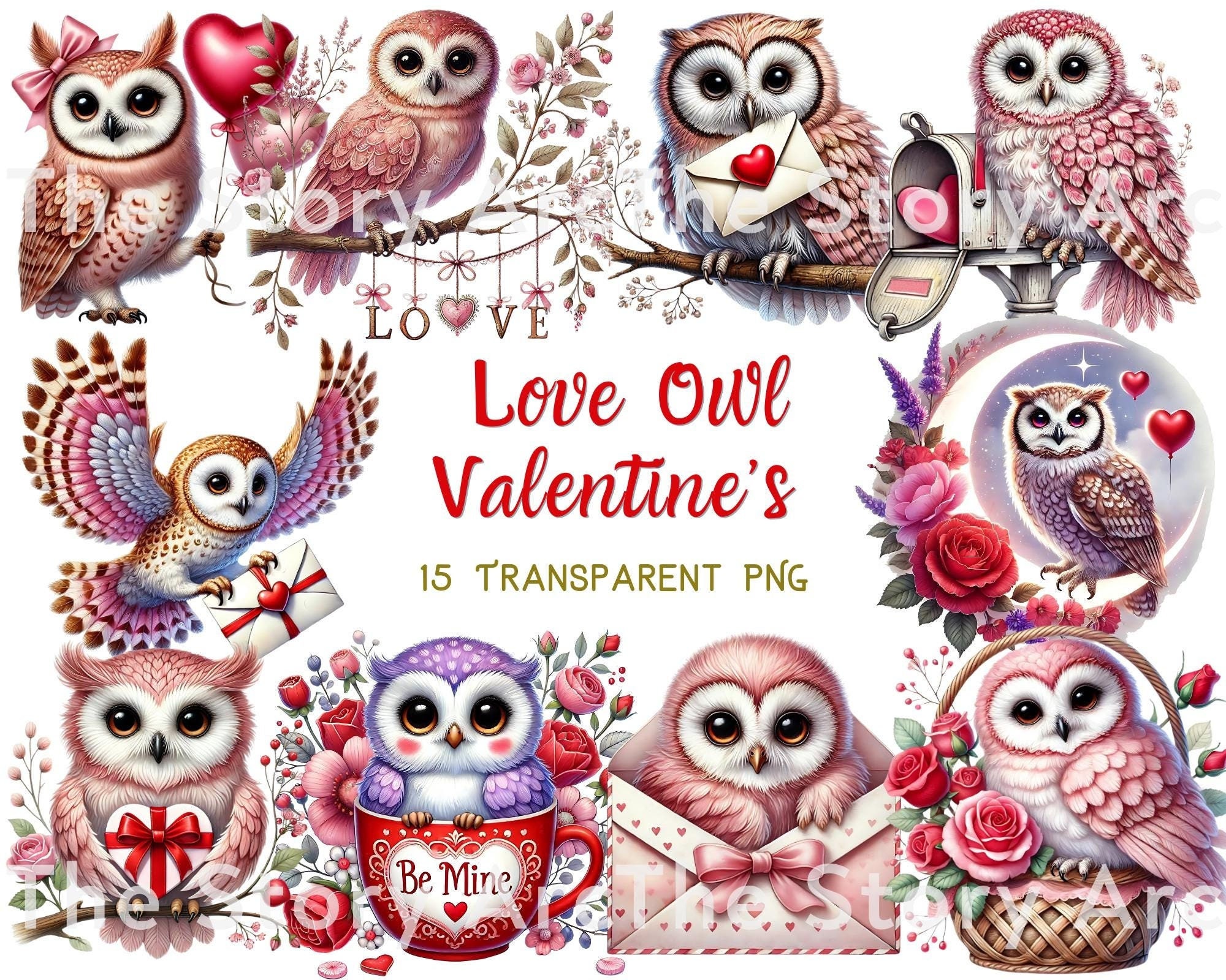 Valentine Owl Clipart, Watercolor Romantic Owl, Balloons, Love Letters ...