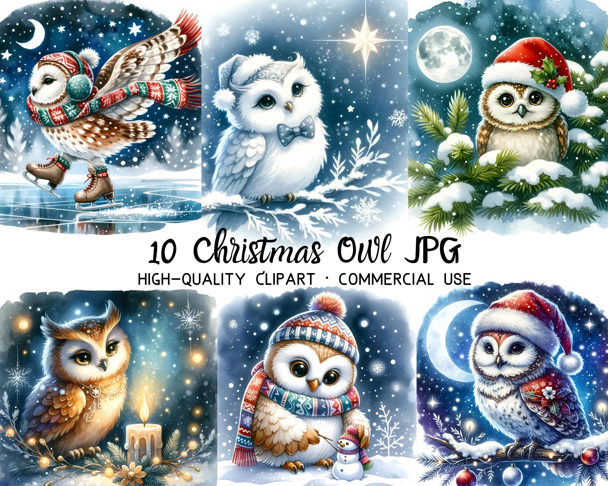 Christmas Owl Clipart, 10 High Quality JPG, Digital Download for ...