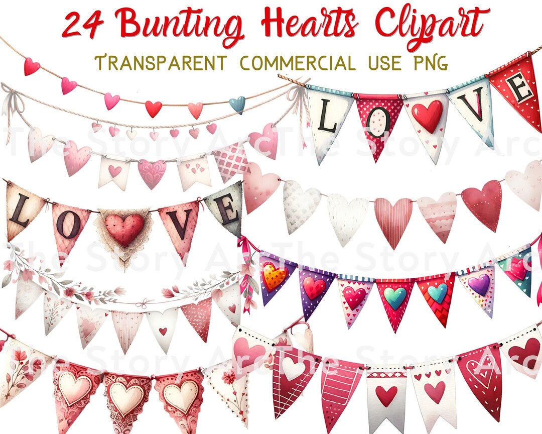 Heart Bunting Clipart, 24 Watercolor Bunting Banner, Valentine Flags ...